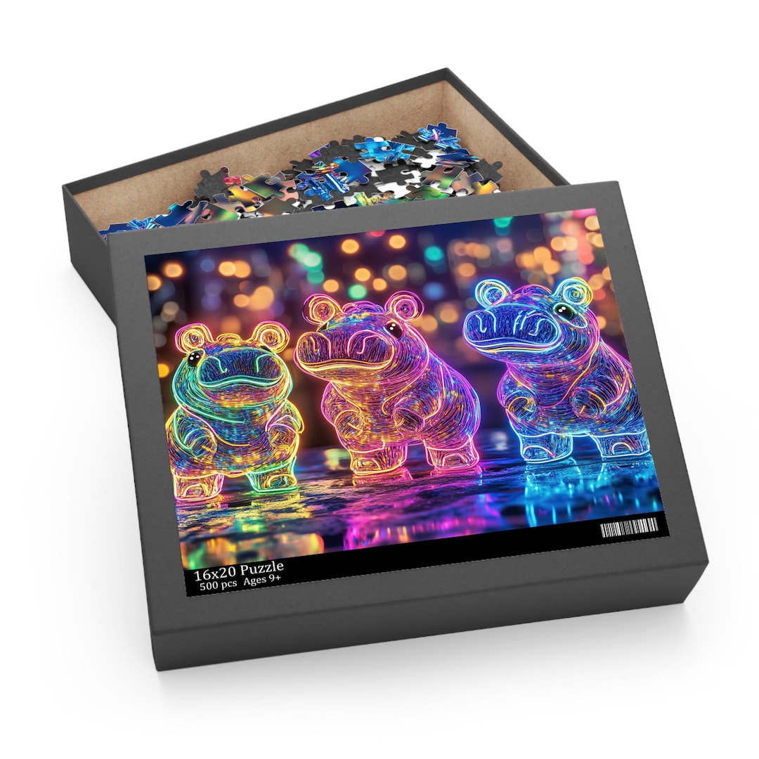 Neon Hippos Jigsaw Puzzle (120, 252, 500-piece) - Three Dazzling Neon ...