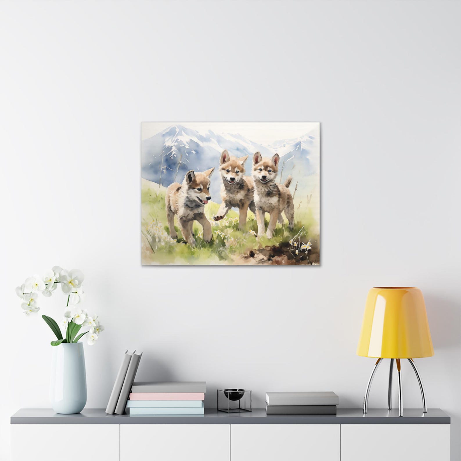 Playful Wolf Pups in Denali Watercolor Canvas - Joyful Wildlife Wall ...