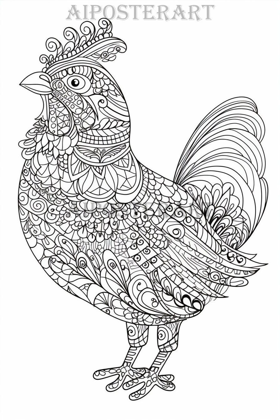 Chicken Coloring Page for Adults Mandala/patterned Coloring Page for ...