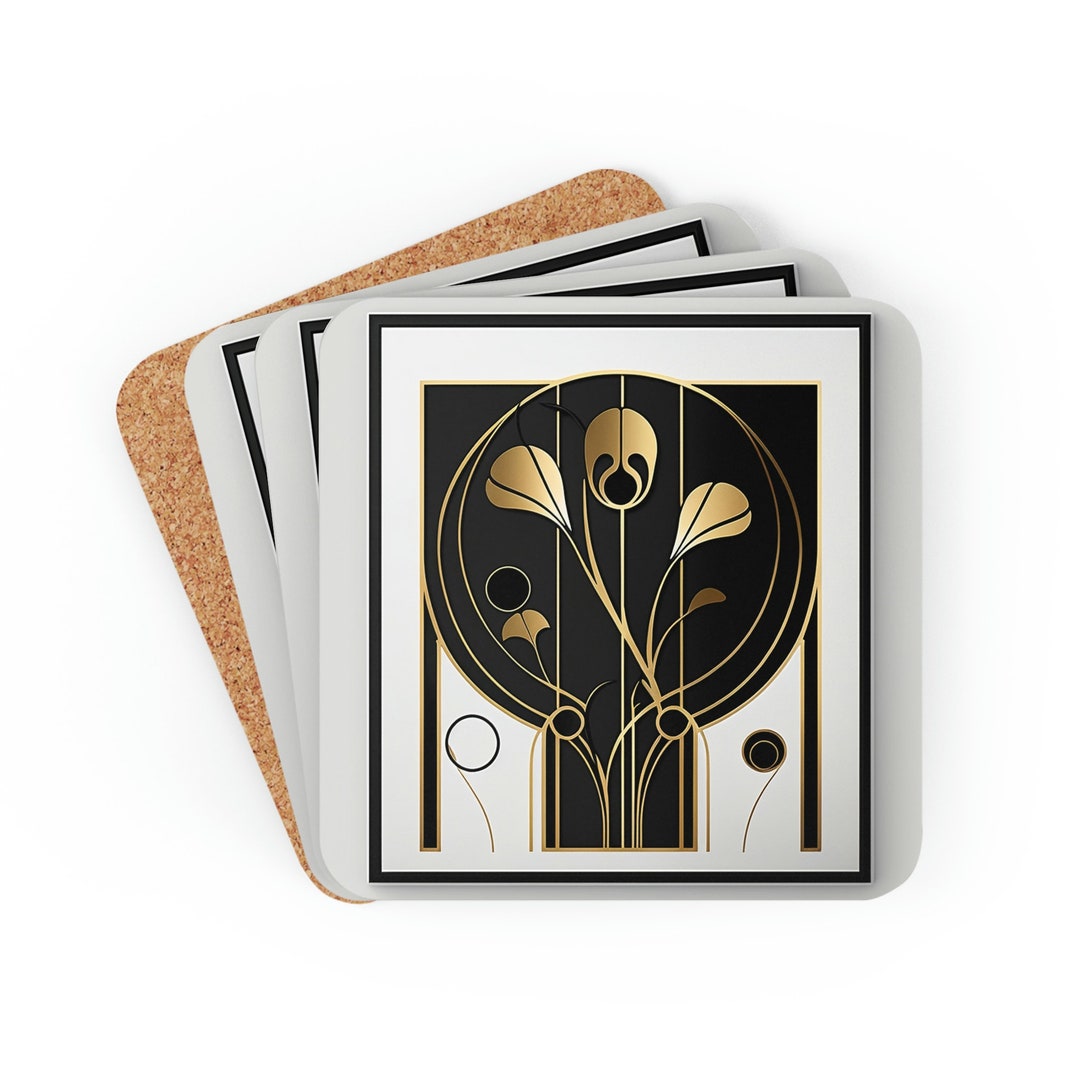 Black & Gold Abstract Art Drinks Coaster Set 4 Drinks Mats Cork Coaster ...