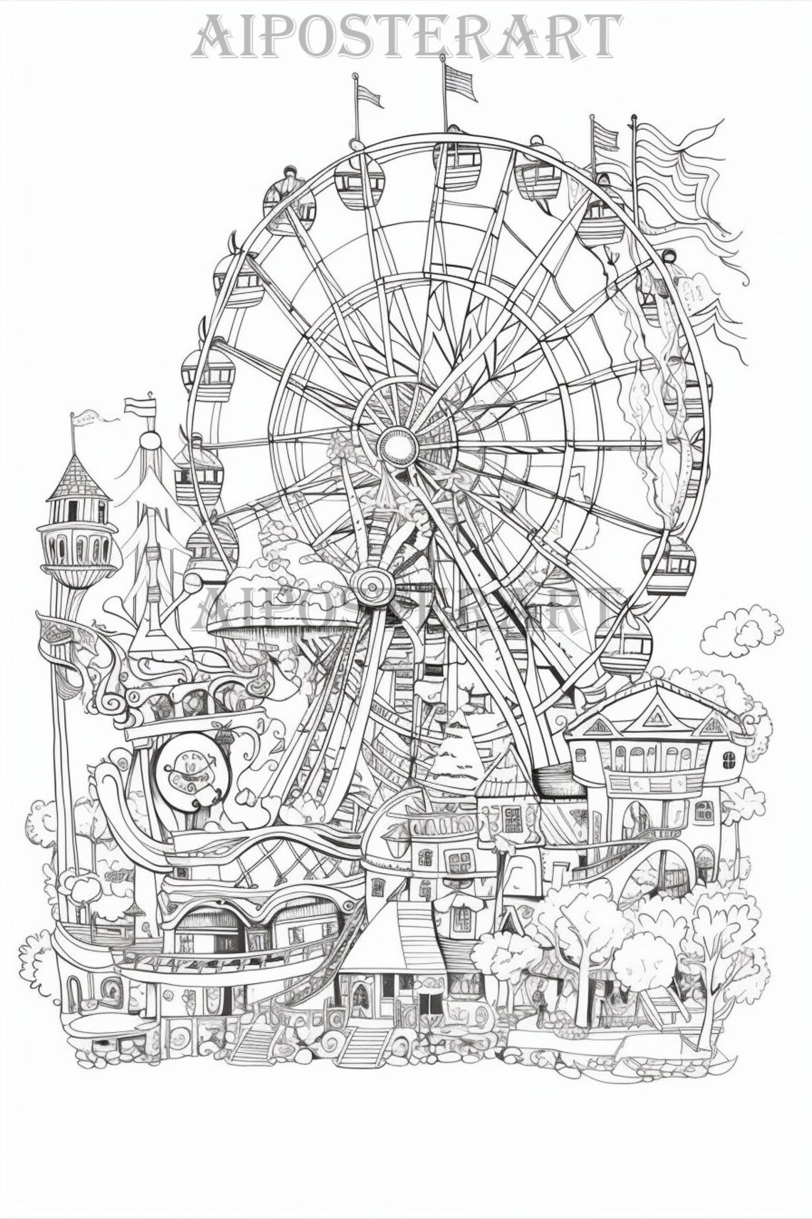 Crowded Funfair - Very Detailed Comical Coloring Sheet for Adults ...