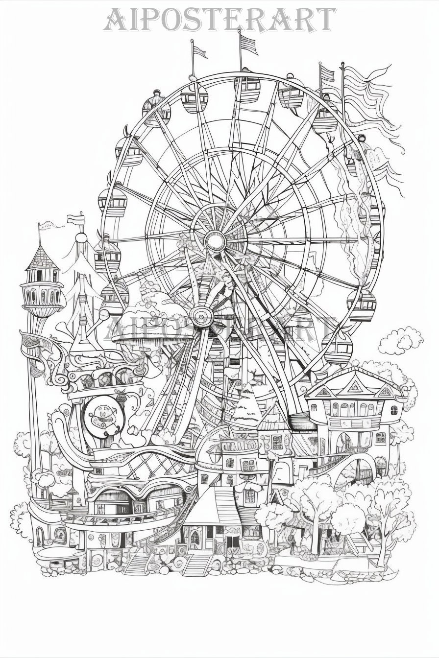 Crowded Funfair Very Detailed Comical Coloring Sheet for Adults ...