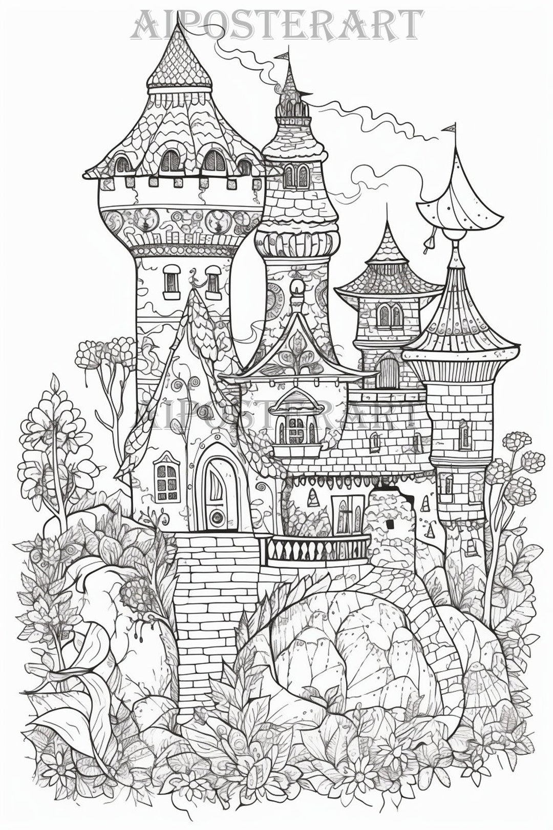 Magical Turreted Castle Coloring Page for Kids & Adults Printable ...