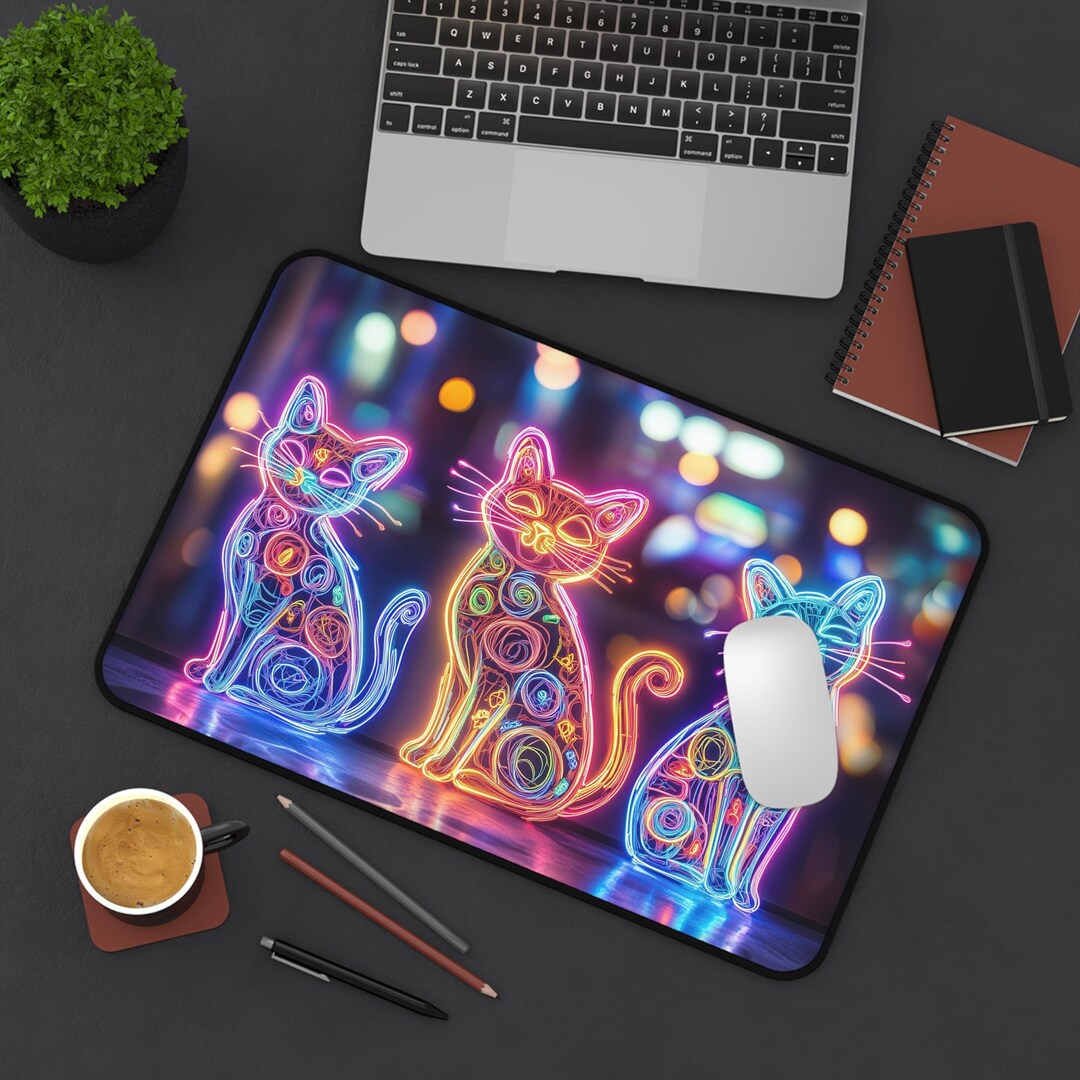 Neon Cat-themed Computer Desk Mat With Hemmed Edges - 3mm Thick Non ...