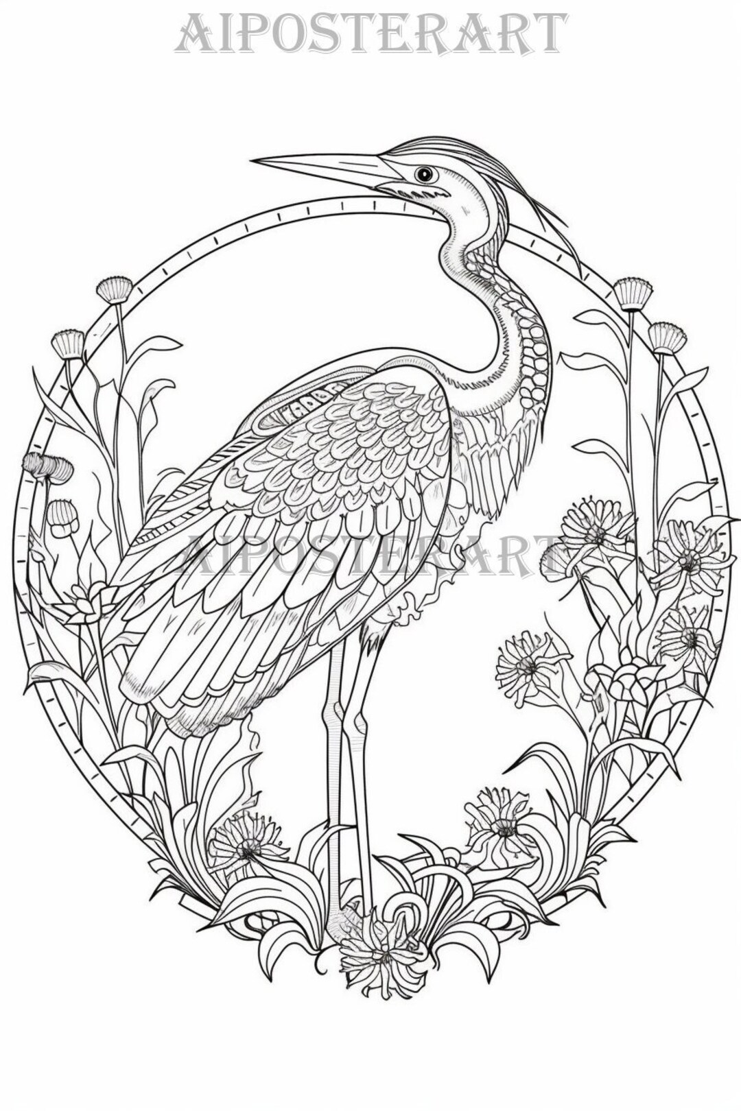 Heron Coloring Page for Adults - Printable Coloring Sheet, Advanced ...