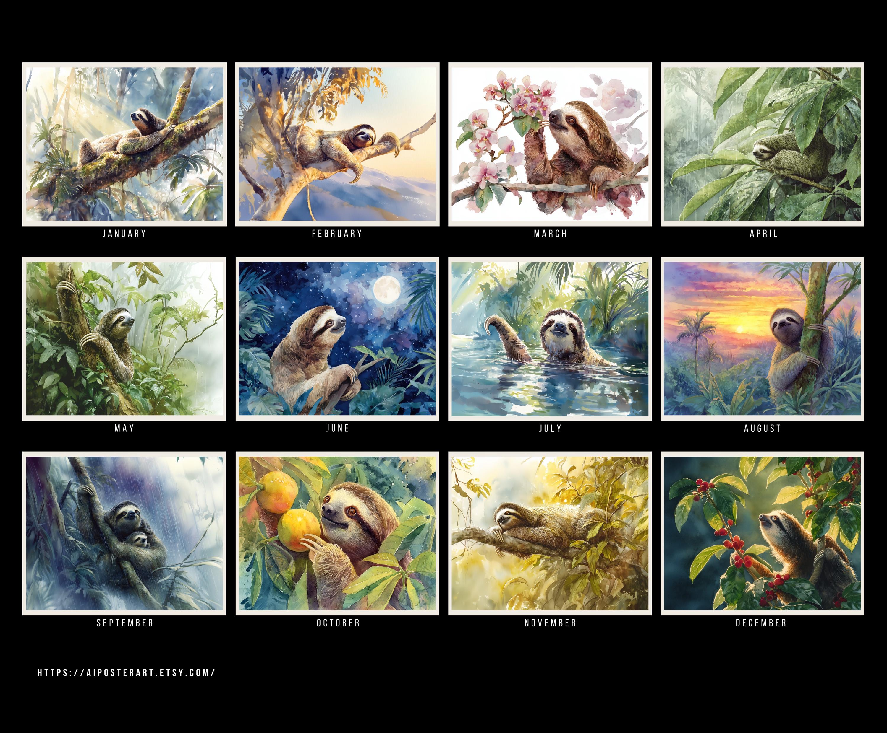 2026 Watercolor Sloth Wall Calendar - Hanging Wall Calendar With Twelve ...