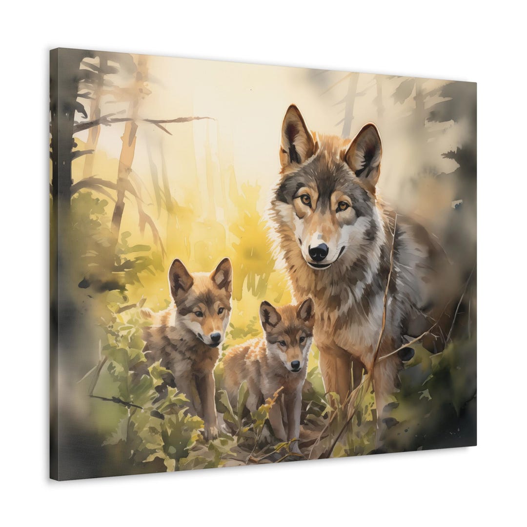 Alaskan Wolf Family Watercolor Canvas - Heartwarming Wilderness Wall ...
