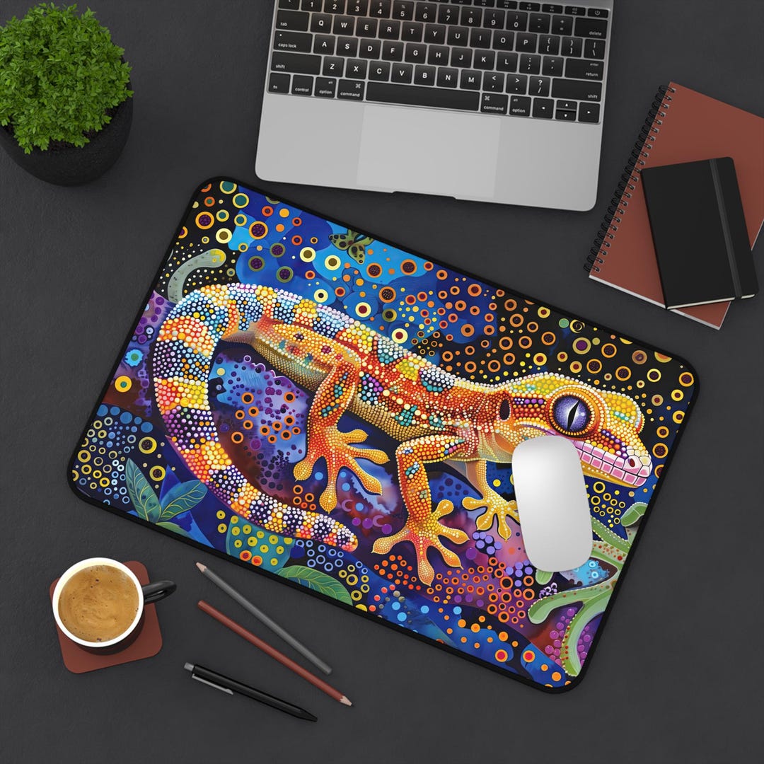 Colorful Dot Art Gecko Desk Mat - a Gecko Rendered in Intricate ...