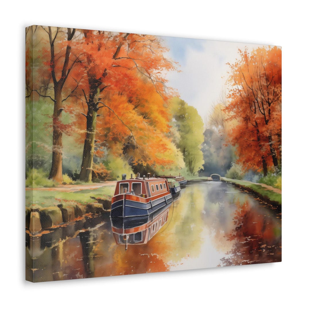 Autumnal Narrowboat Watercolor Printed on Frameless Canvas - Gift for ...