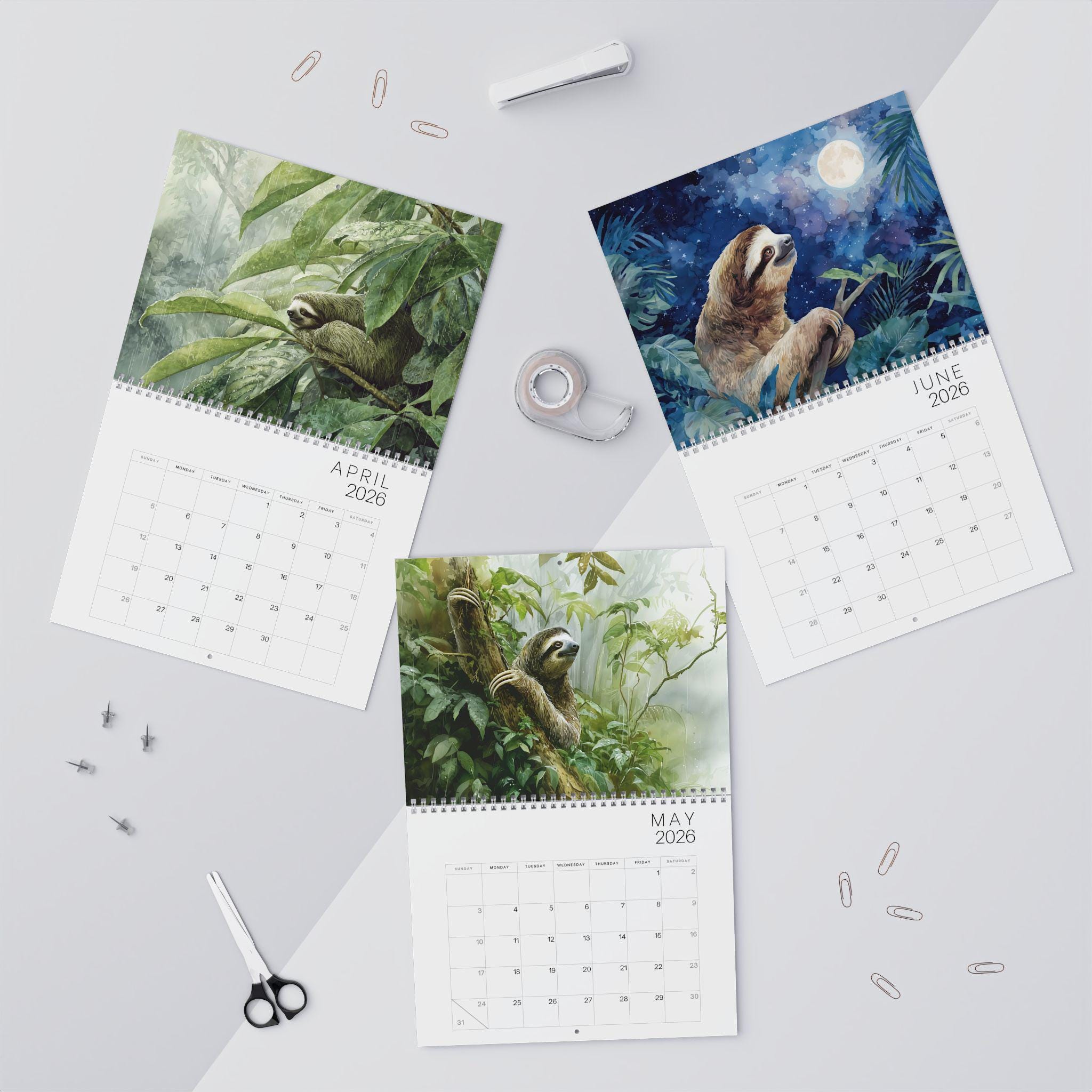 2026 Watercolor Sloth Wall Calendar - Hanging Wall Calendar With Twelve ...