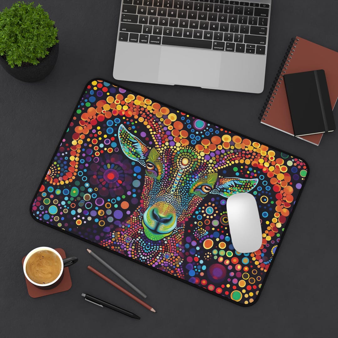 Colorful Dot Art Goat Desk Mat - a Goat Rendered in Intricate ...
