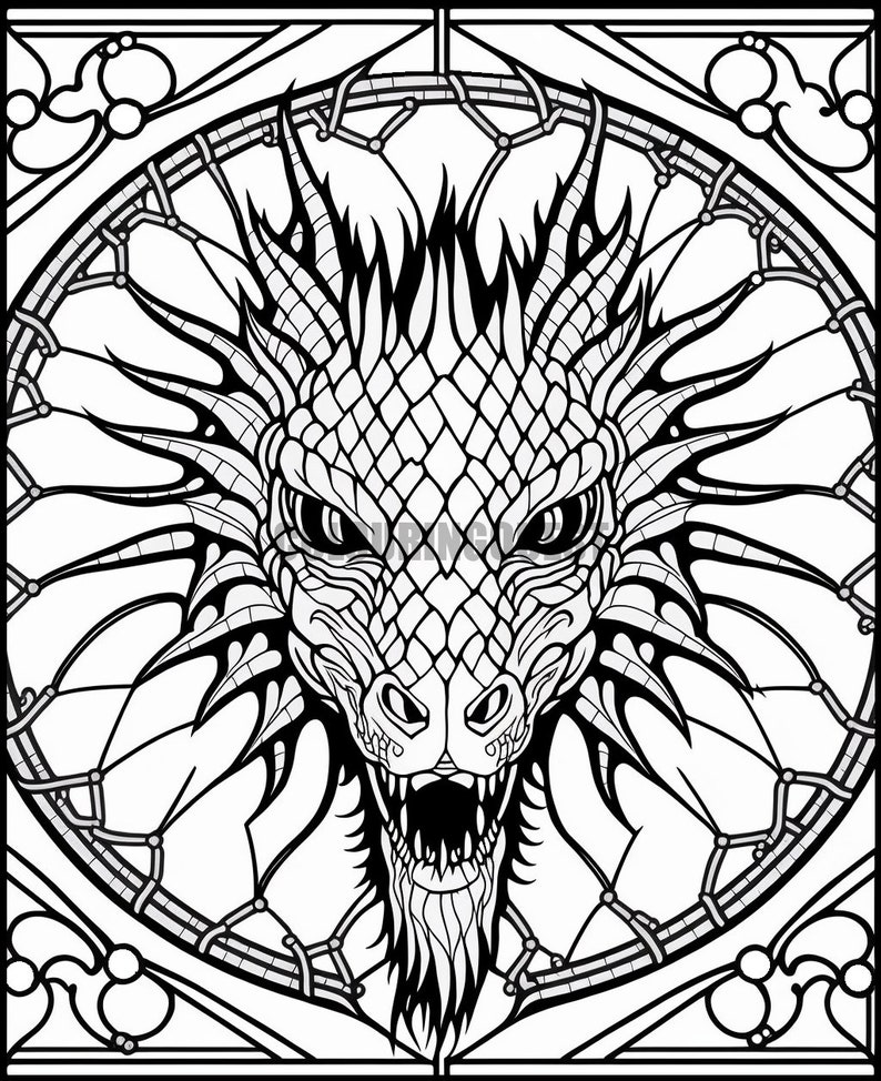Dragon Coloring Sheet Dragon Stained Glass Printable Adult Coloring ...