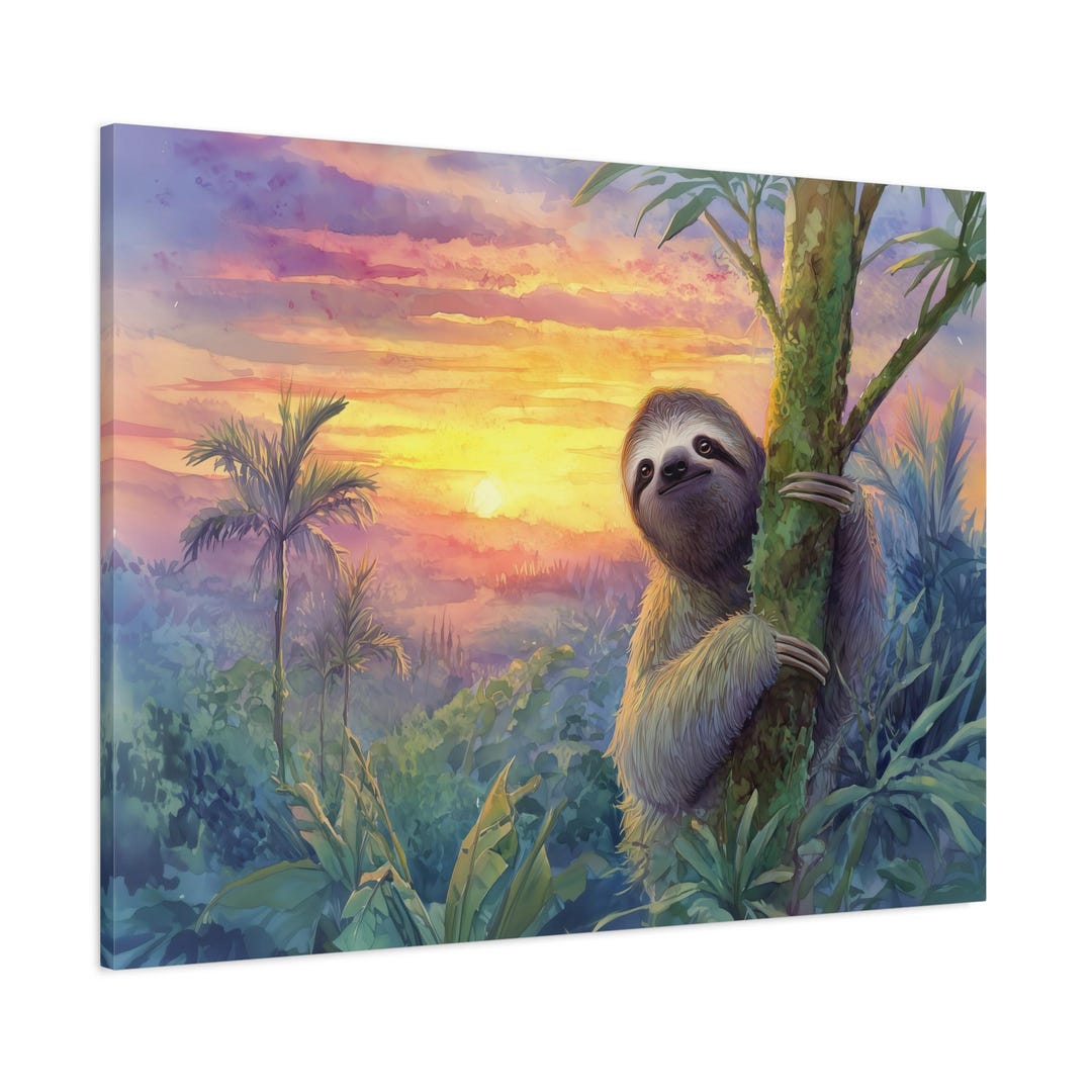 Sunset Sloth Canvas Wall Art - Watercolor Jungle Animal Print -tropical ...