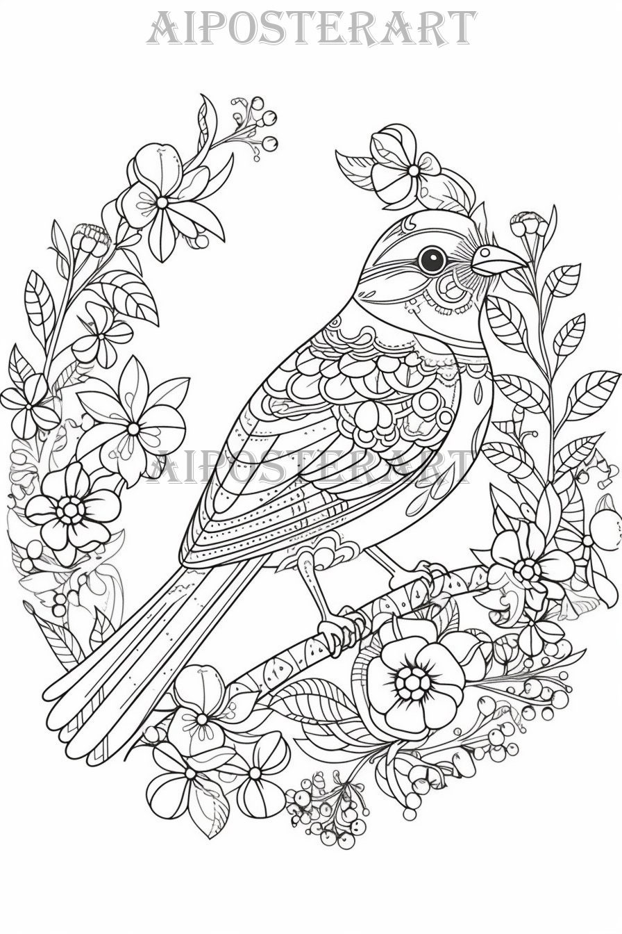 Finch Coloring Page for Adults Printable Coloring Sheet, Advanced Bird ...