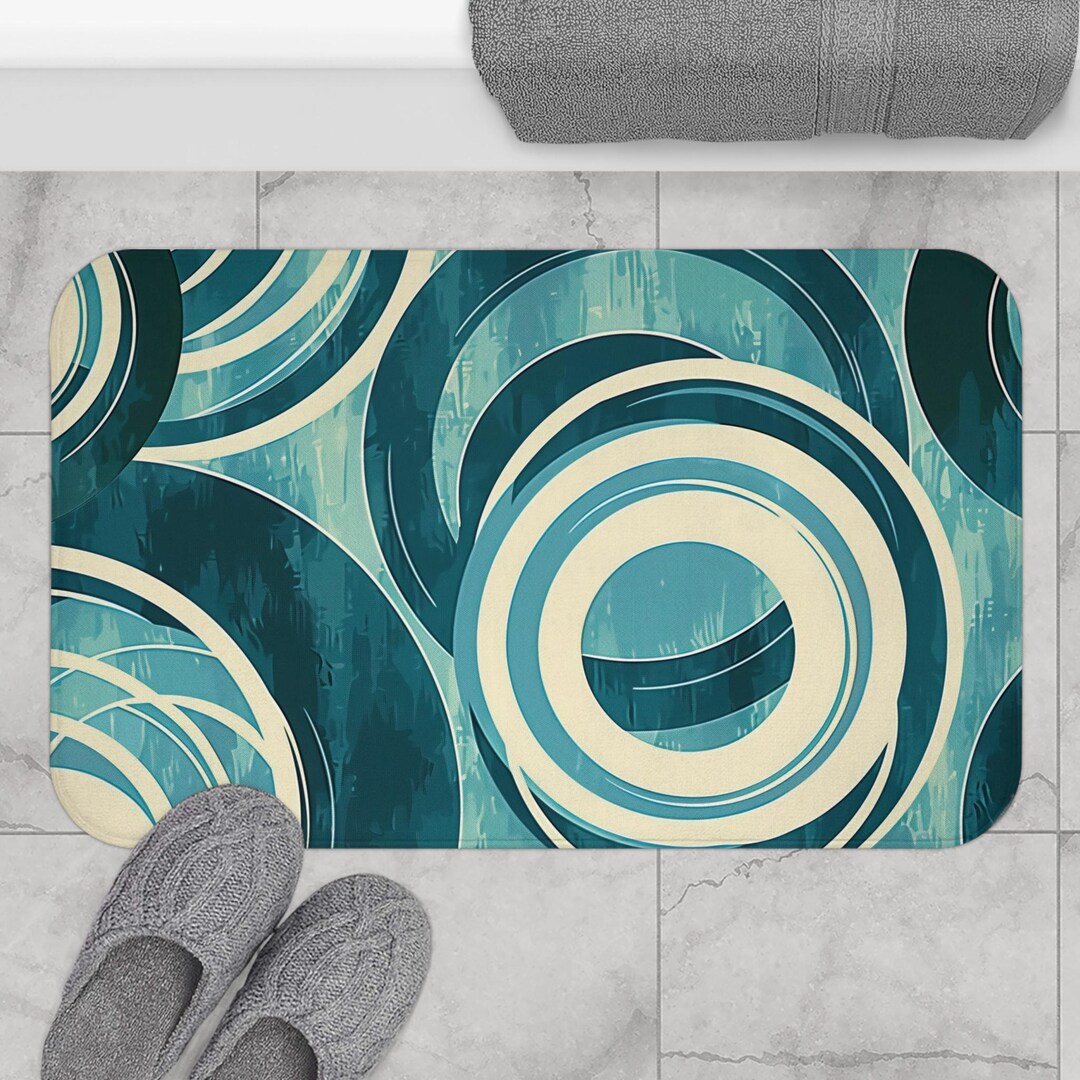 Blue and Cream Bath Mat - Non-slip Bath Mat Featuring Dynamic Hoop and ...