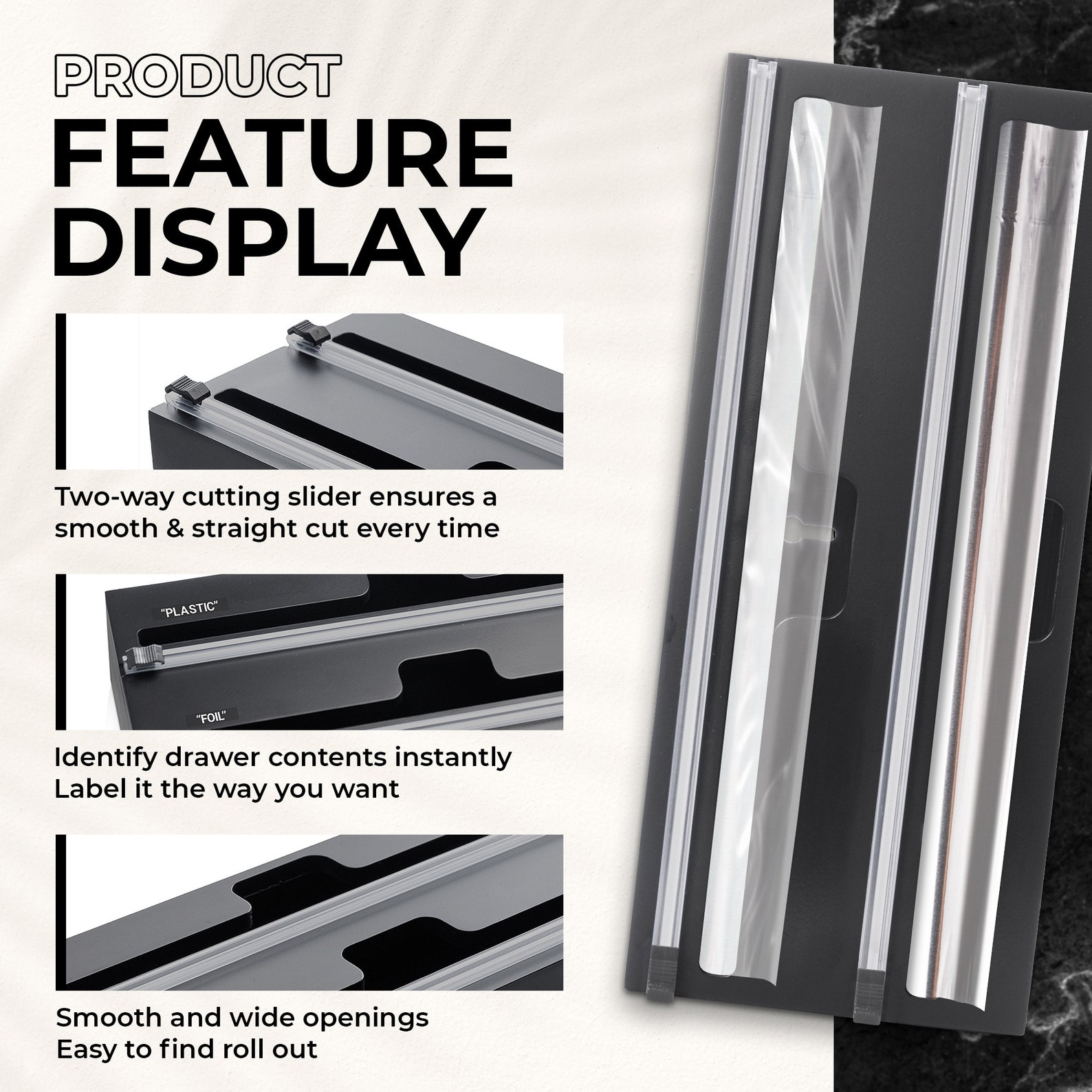 Wrap Dispenser With Cutter & Labels for Kitchen Drawers and Wall, 2 in ...