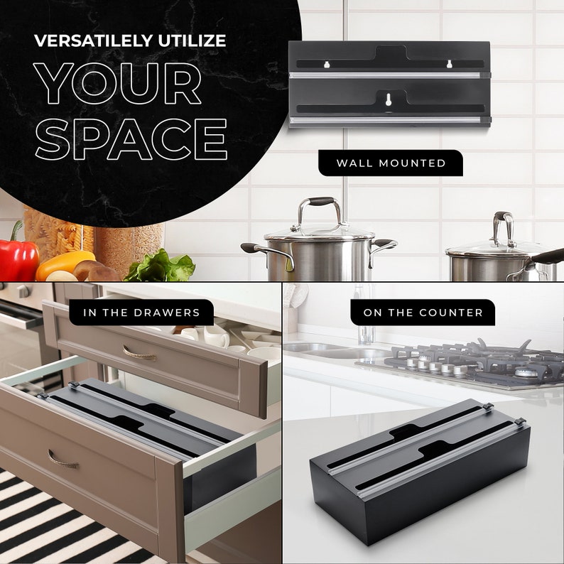 Wrap Dispenser With Cutter & Labels for Kitchen Drawers and Wall, 2 in ...