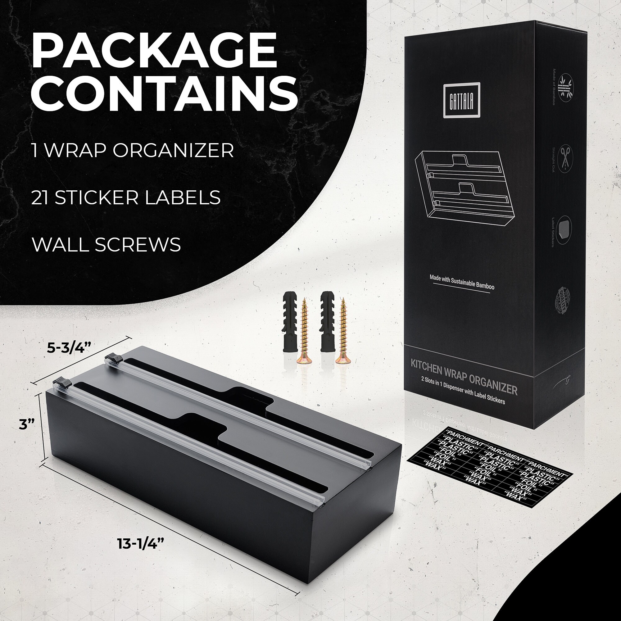 Wrap Dispenser With Cutter & Labels for Kitchen Drawers and Wall, 2 in ...