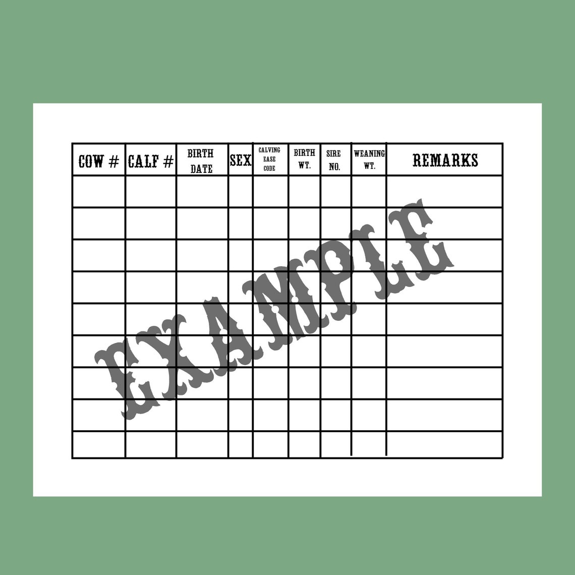 Cow Herd Record Sheet, Instant Digital Download, Cow Herd Record ...
