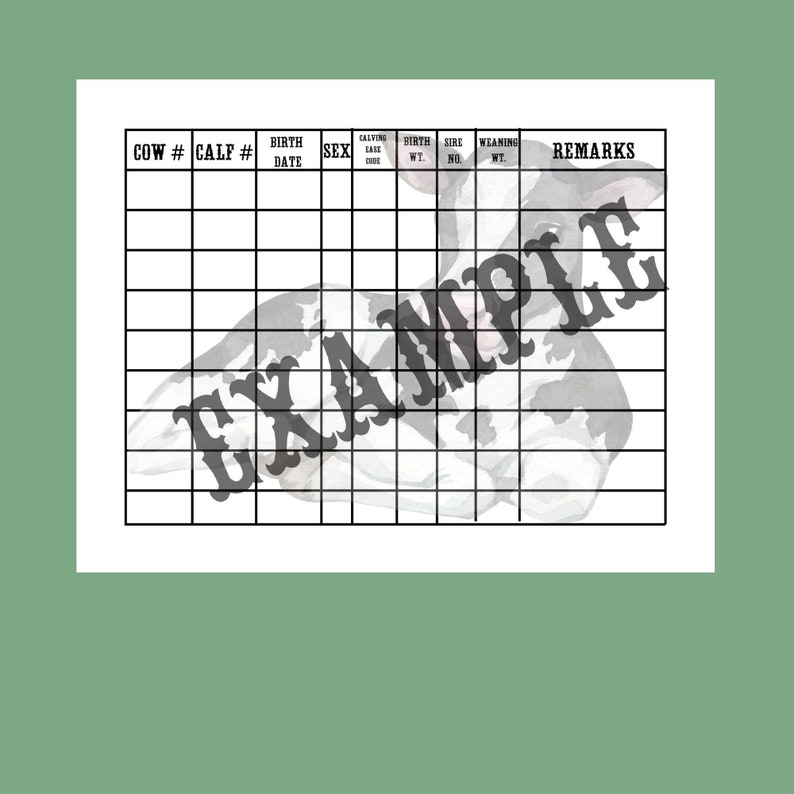 Cow Herd Record Sheet, Instant Digital Download, Cow Herd Record ...