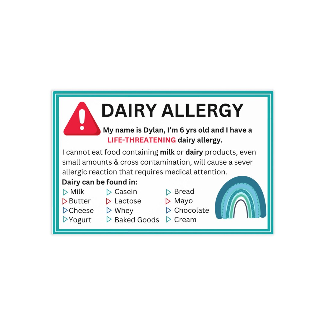 Dairy Allergy Business Cards, Personalized Allergy Alerts, Chef ...