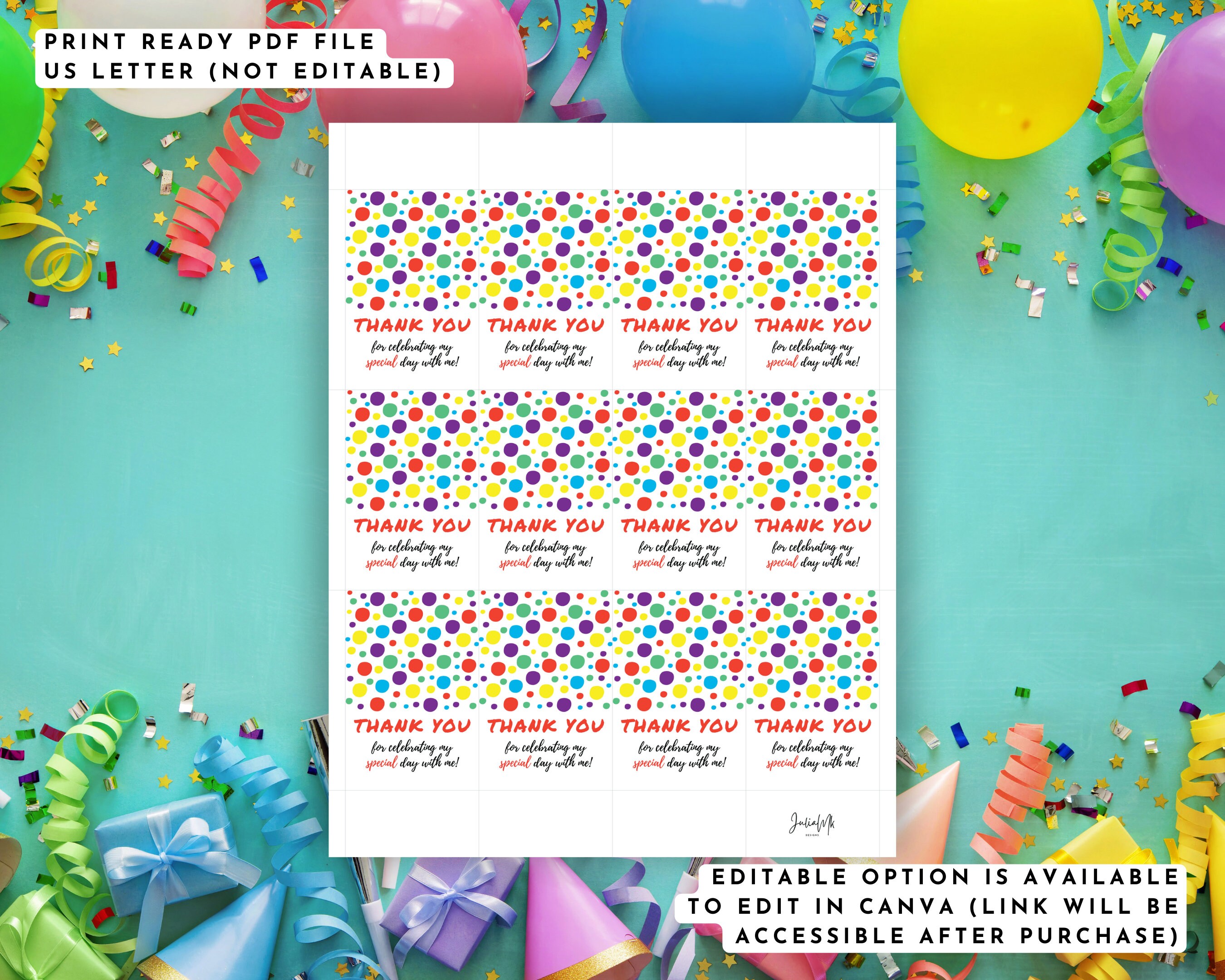 Printable and Editable Colorful Confetti Thank You Birthday Party Favor ...