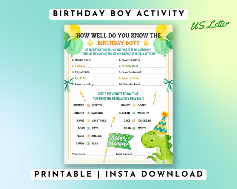 Printable How Well Do You Know the Birthday Boy, Birthday Questionnaire ...
