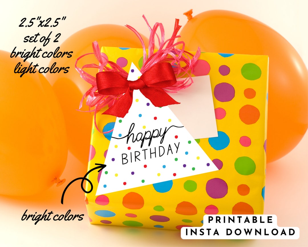 Printable Triangle Shape Happy Birthday Gift Tag, Confetti Spots Favor ...