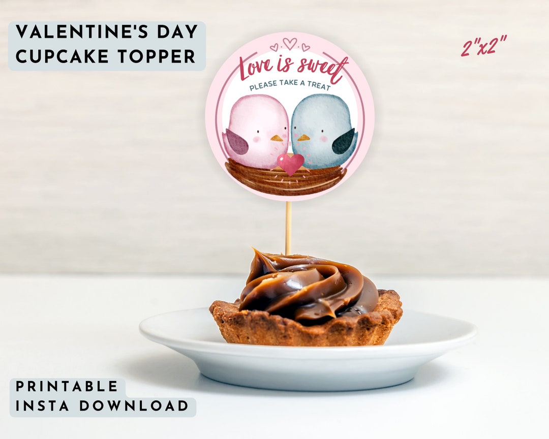 Printable Cute Valentine's Day Watercolor Birds Cupcake Topper, Cupcake ...