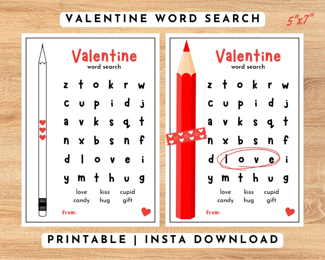 Printable Valentine's Day Word Search Kids Activity Gift Card, School ...