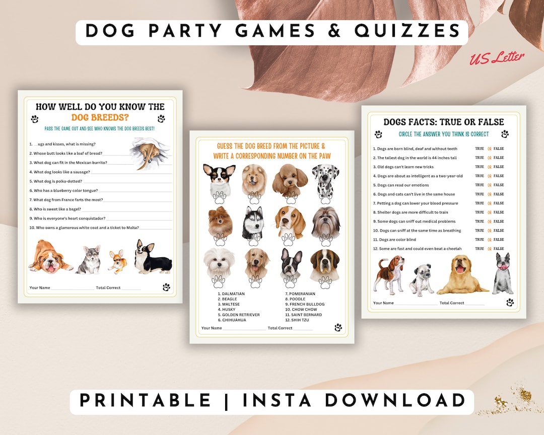 Printable Dog Party Games and Quizzes, Dog Birthday Party Games, Puppy ...