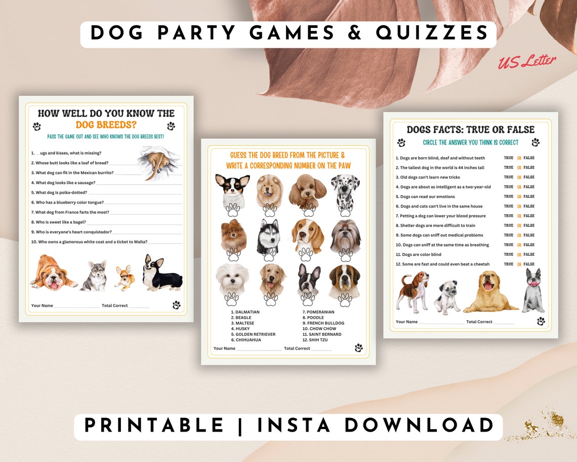 Printable Dog Party Games and Quizzes, Dog Birthday Party Games, Puppy ...