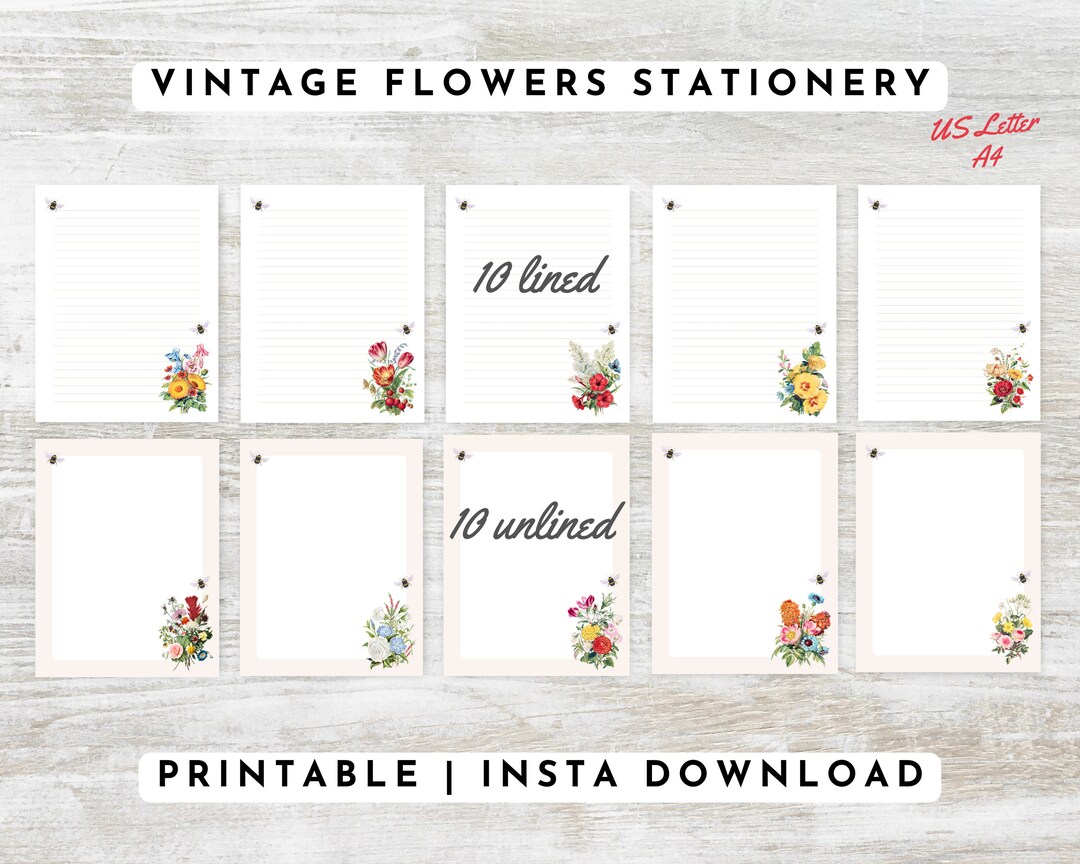 Printable Vintage Flowers Paper Sheets, Vintage Stationery, Floral ...