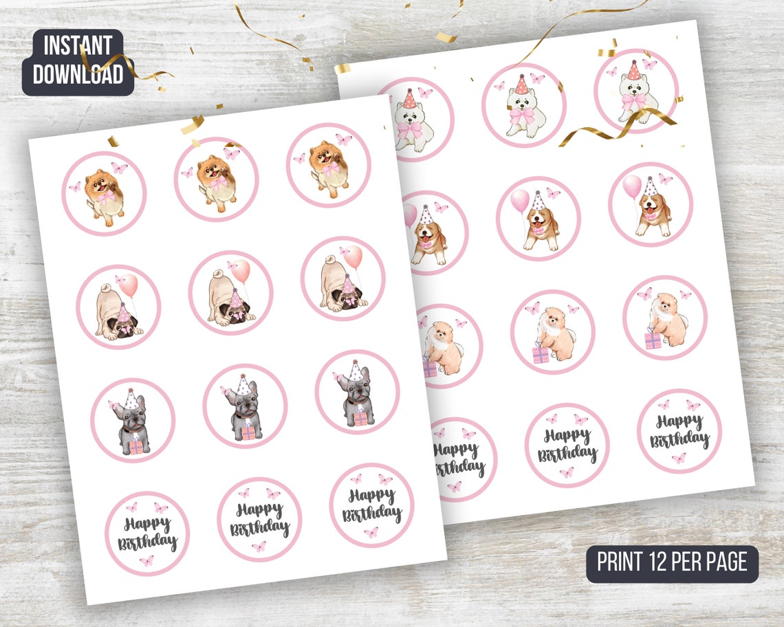 Printable Pink Dog Birthday Party Cupcake Toppers, Puppy Pawty Cupcake ...