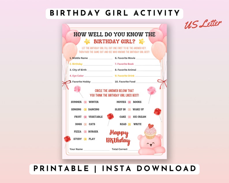 Printable How Well Do You Know the Birthday Girl, Birthday ...
