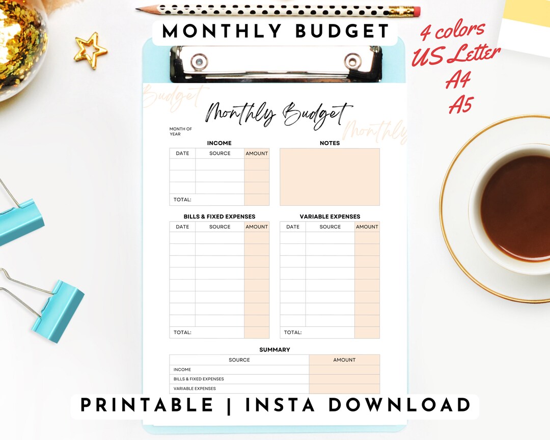 Printable Monthly Budget, Monthly Income & Expense Recorder, Monthly ...