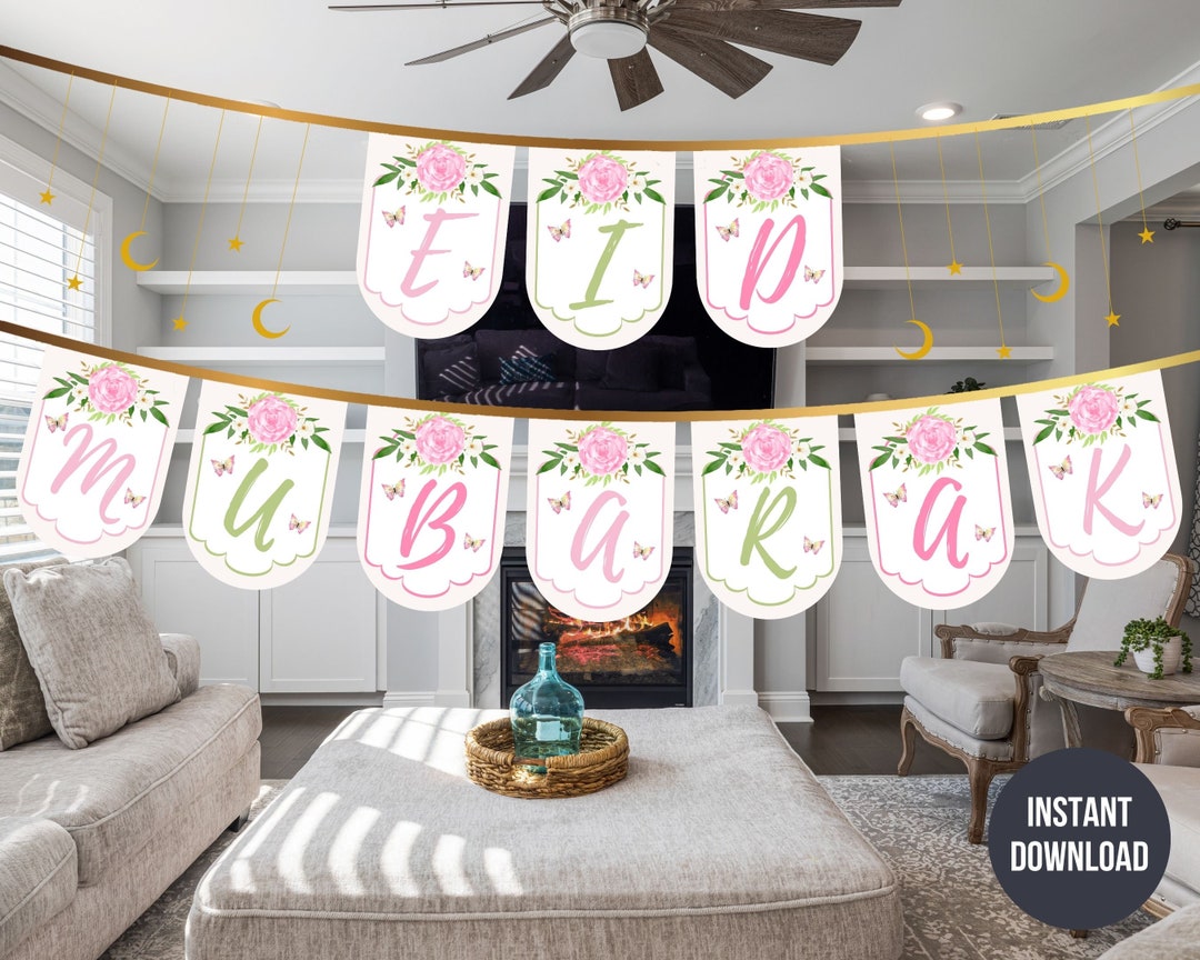 Printable Eid Mubarak, Modern Floral Ramadan Decoration, Pastel Colors ...