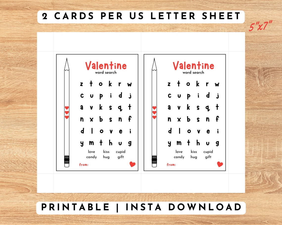 Printable Valentine's Day Word Search Kids Activity Gift Card, School ...