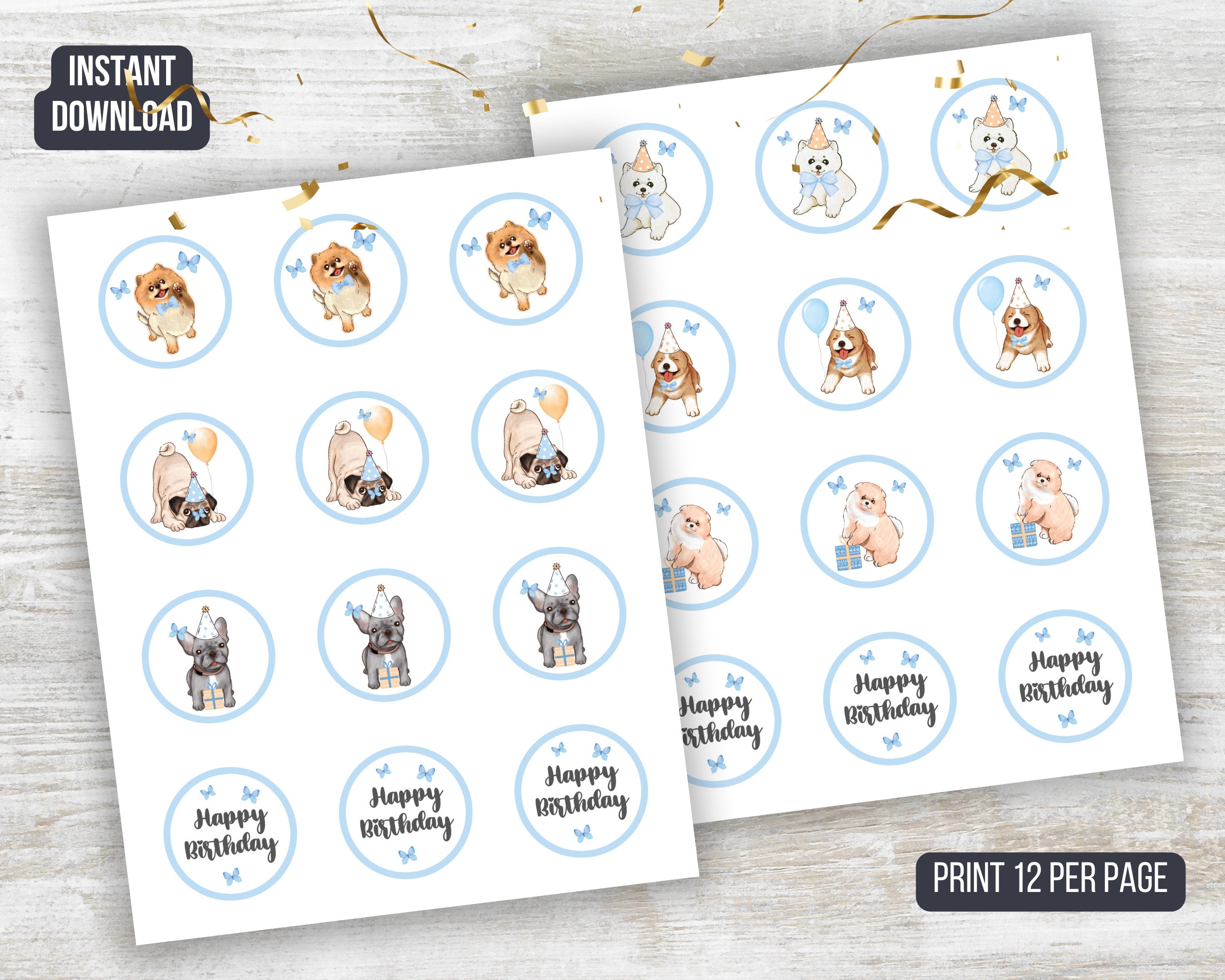 Printable Blue Dog Birthday Party Cupcake Toppers, Puppy Pawty Cupcake ...