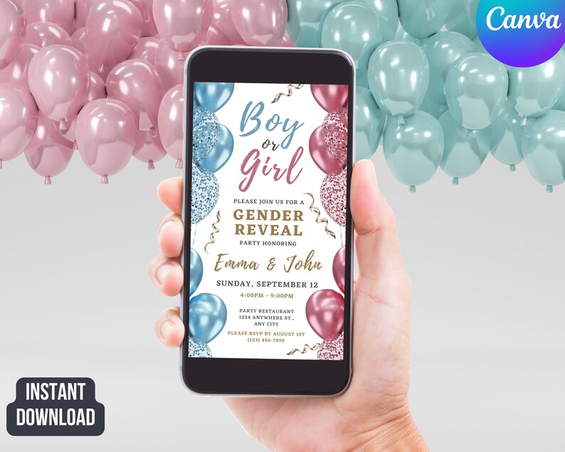 Editable Digital Gender Reveal Party Invitation Electronic Gender