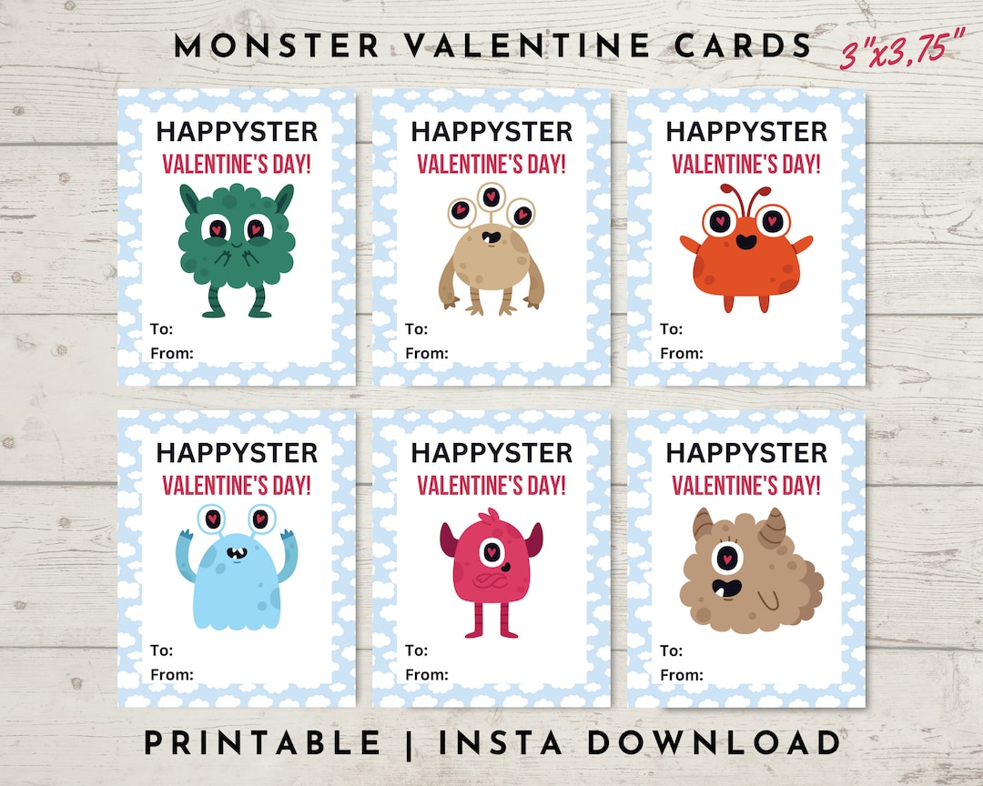 Kids Monster Valentines Day Cards, Happyster Valentines Day, Printable ...