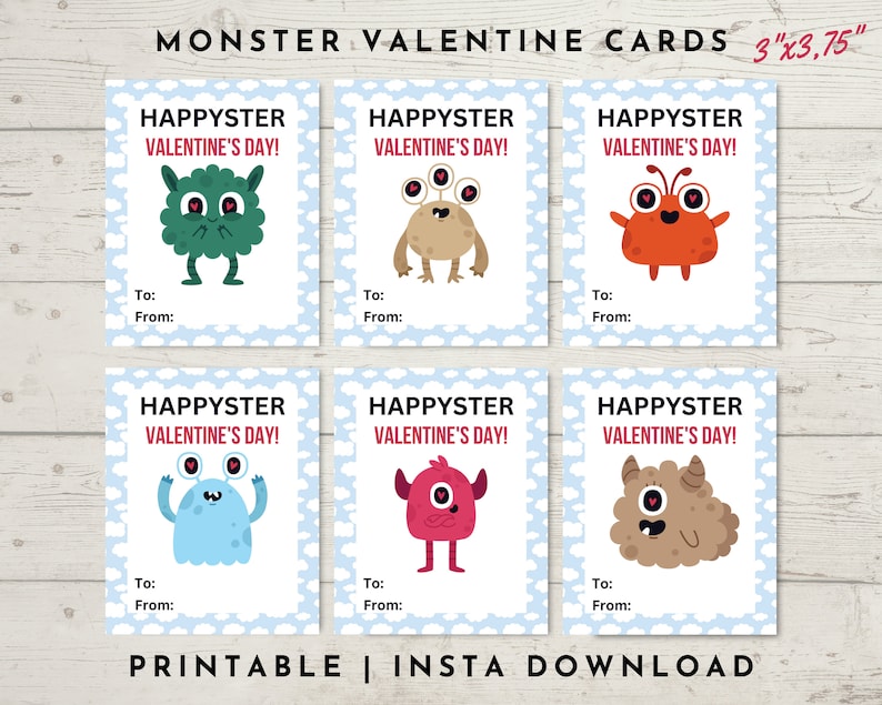 Kids Monster Valentines Day Cards, Happyster Valentines Day, Printable ...