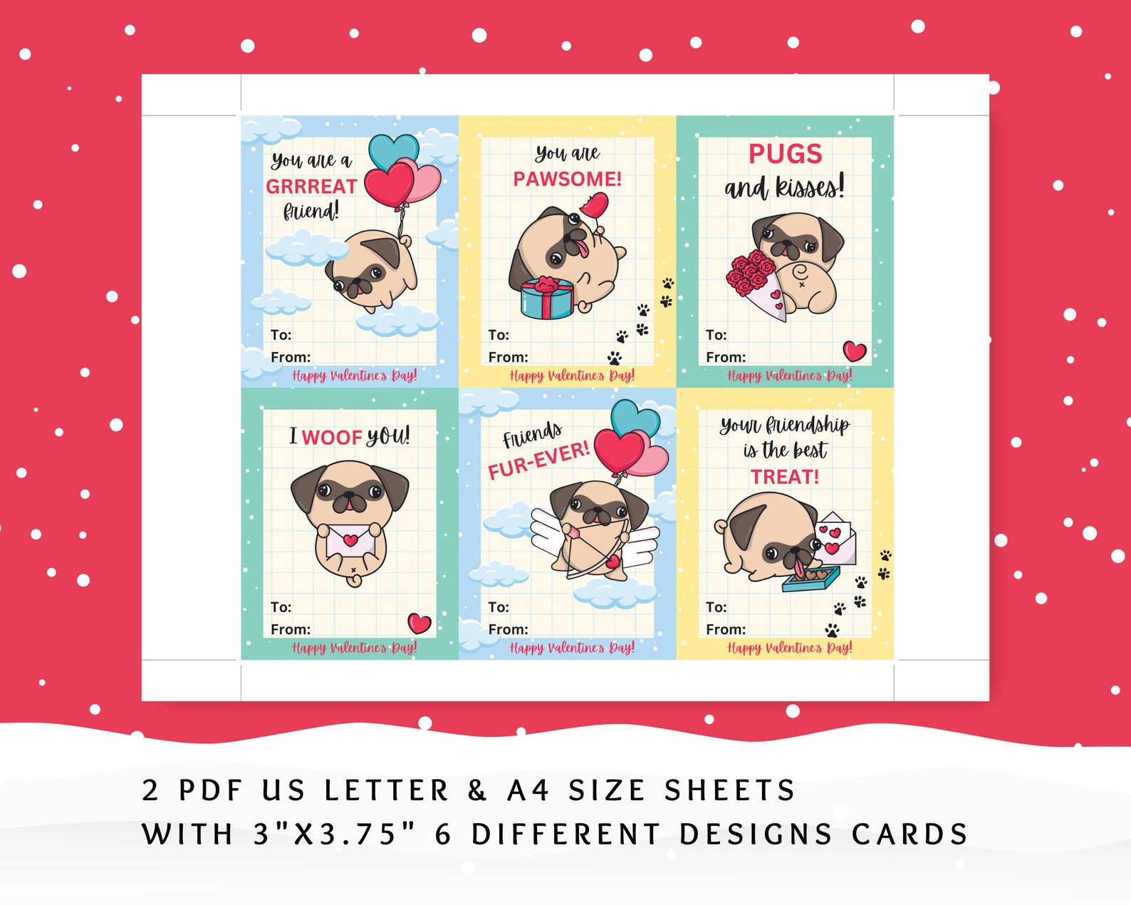 Classroom Valentines Day Cards, Printable Pug Valentine Cards, Kids ...