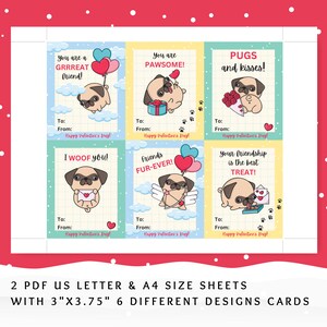 Classroom Valentines Day Cards, Printable Pug Valentine Cards, Kids ...