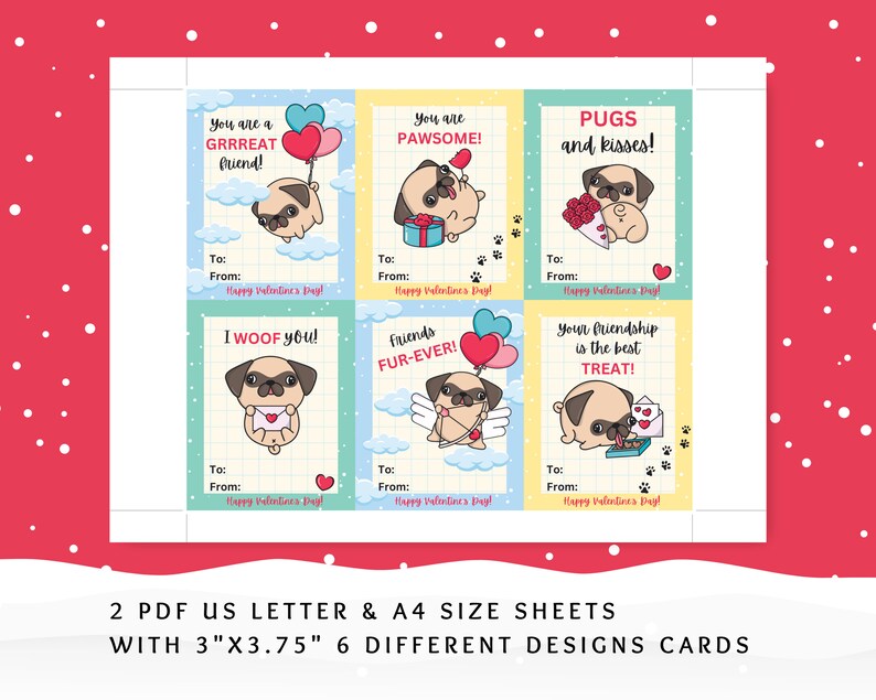 Classroom Valentines Day Cards, Printable Pug Valentine Cards, Kids ...