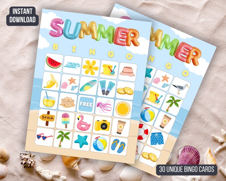 Printable Summer Bingo, 30 Unique Summer Bingo Cards, Summer Game ...