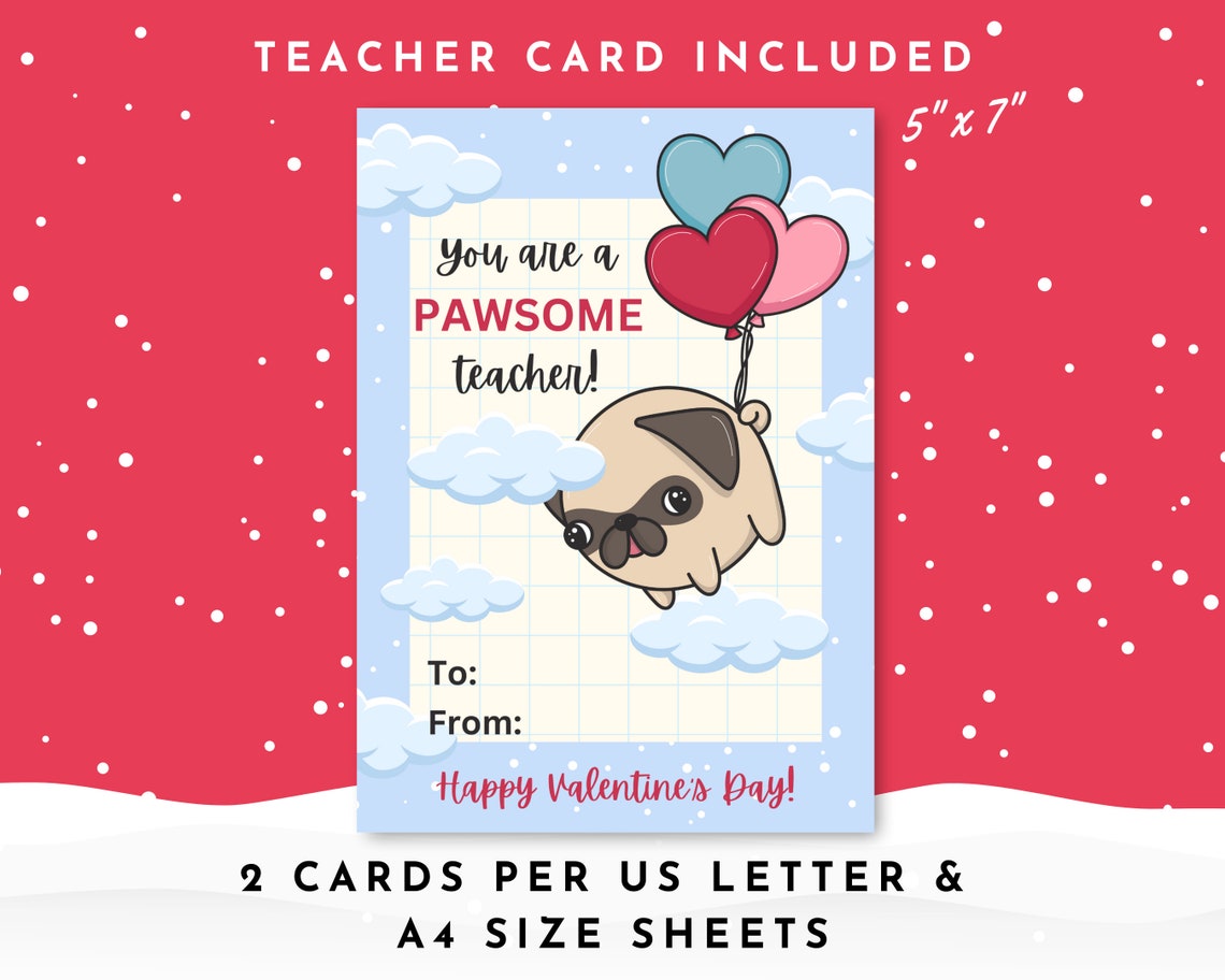Classroom Valentines Day Cards, Printable Pug Valentine Cards, Kids ...