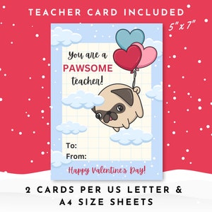 Classroom Valentines Day Cards, Printable Pug Valentine Cards, Kids ...