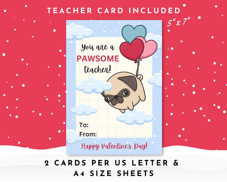 Classroom Valentines Day Cards, Printable Pug Valentine Cards, Kids ...