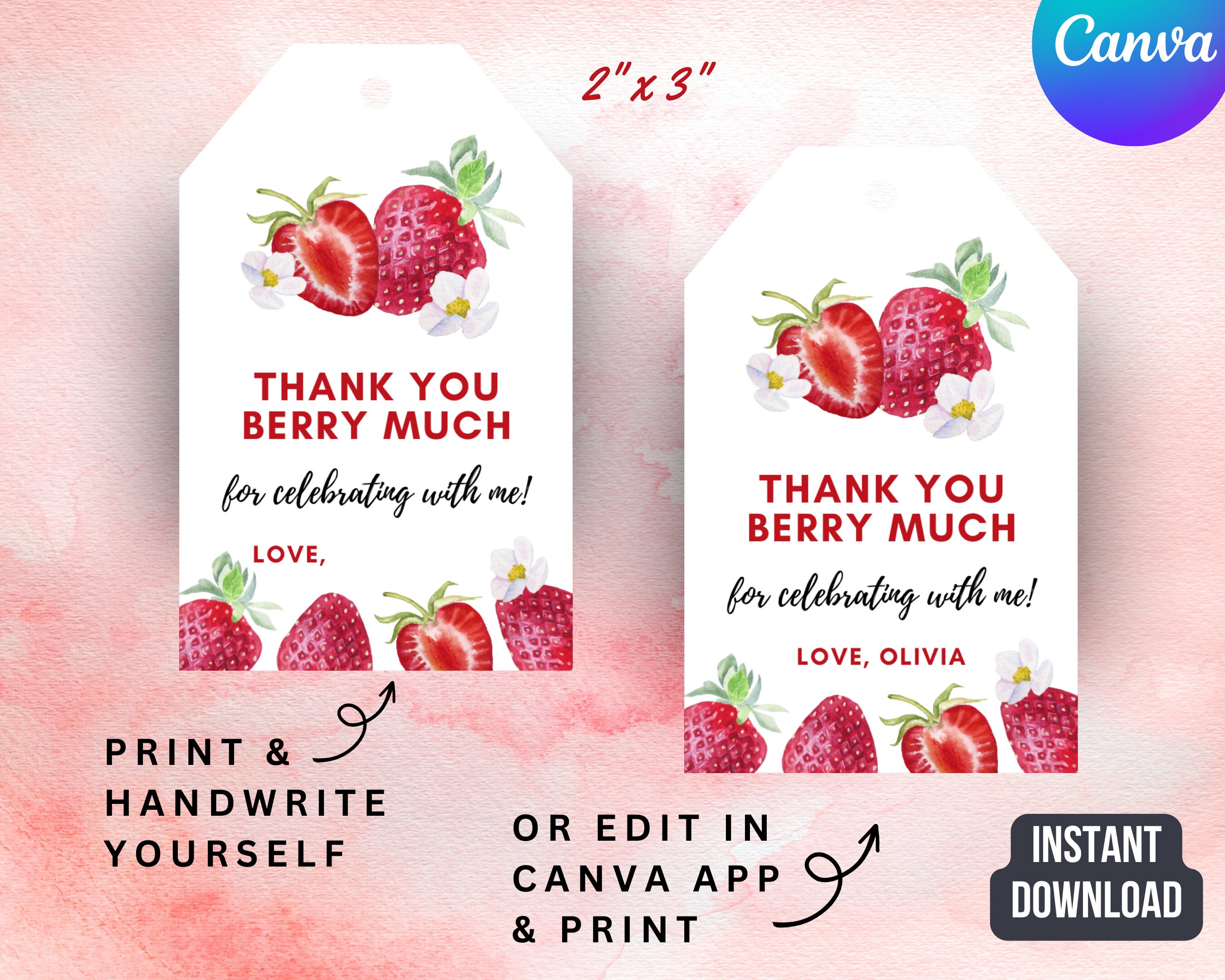 Printable and Editable Thank You Berry Much Gift Tag, Strawberry Favor ...